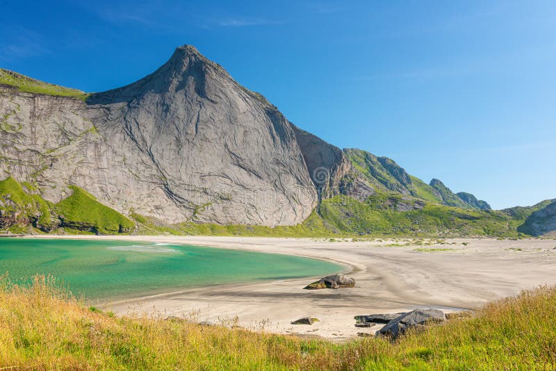 Panoramic View of the Bunes Beach. Stock Image - Image of sand, reine ...