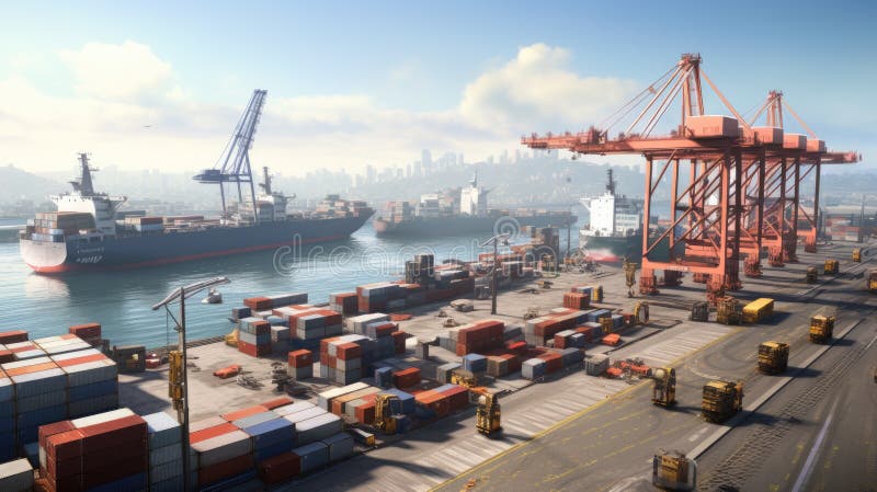 A Panoramic View of a Bustling Cargo Port Photo Realistic - Generative ...