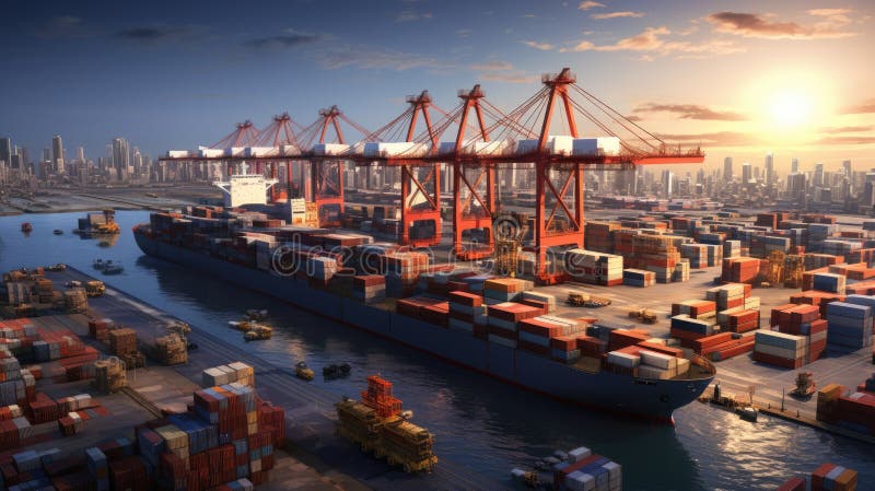 A Panoramic View of a Bustling Cargo Port Photo Realistic - Generative ...
