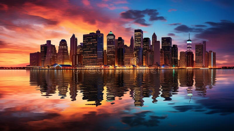 A Panoramic View of a Bustling City Skyline at Sunset, with Vibrant ...