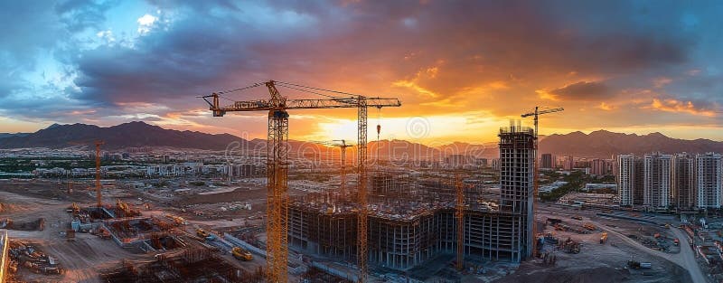 Panoramic View of a Bustling Construction Site with Cranes during a ...