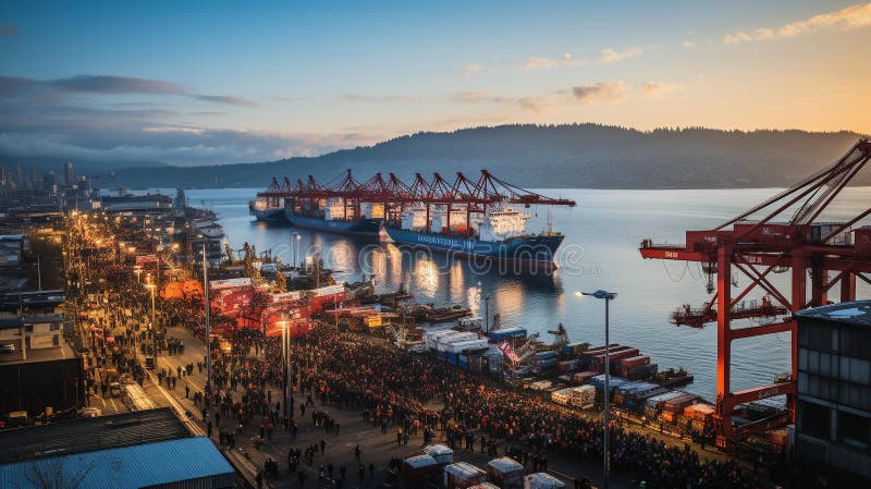 A Panoramic View of a Bustling Harbor, with Ships Coming and Going and People Working on the ...