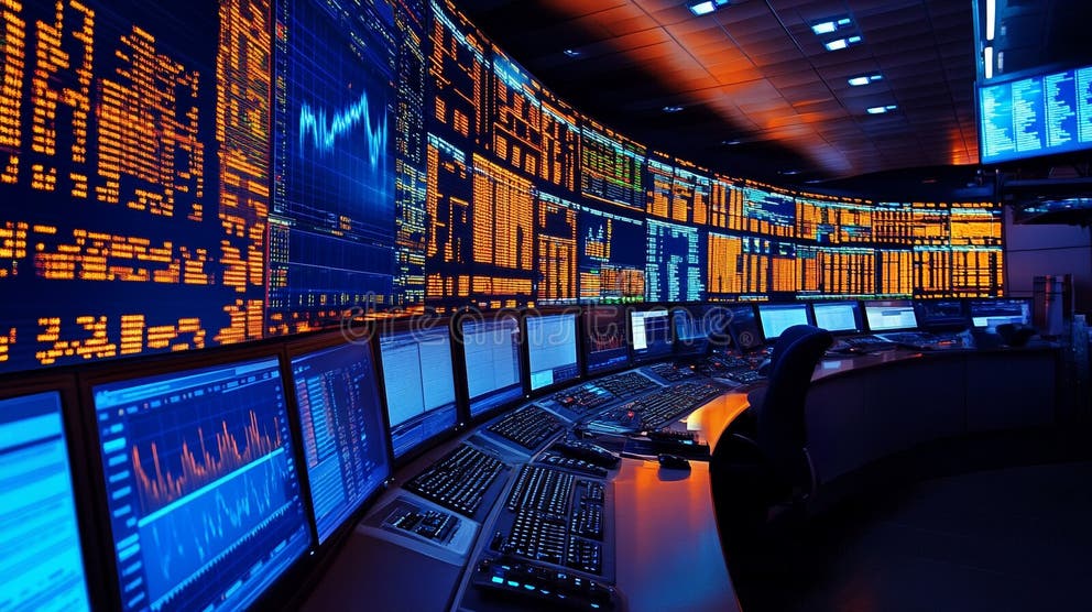 Curved Monitors Displaying Financial Data Stock Market Trading Room ...