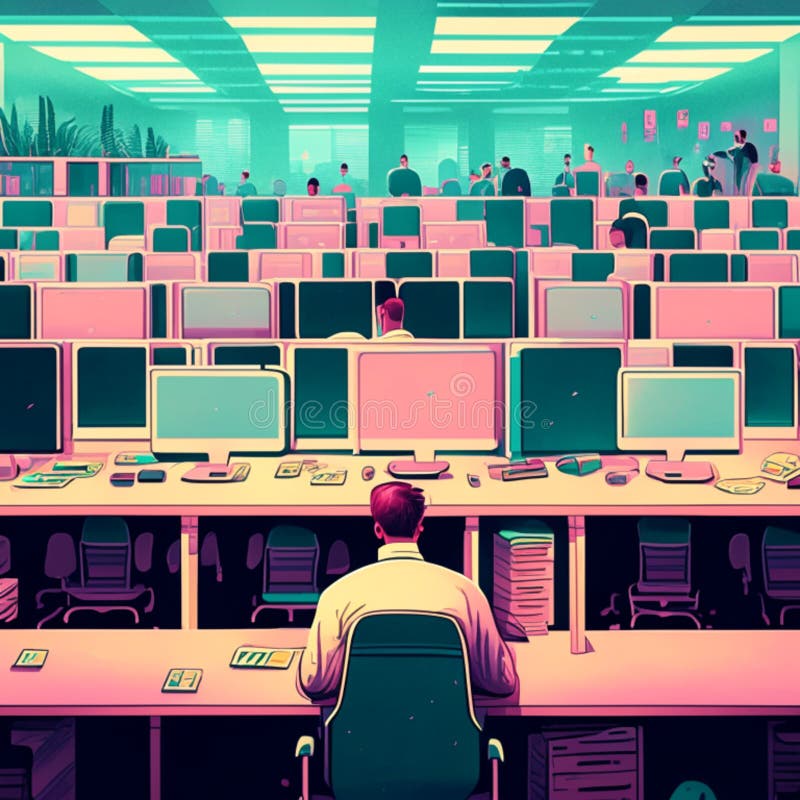 Panoramic View of a Busy Computer Room in a Modern Office AI Generated ...