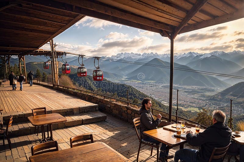 Panoramic View at Cafe at Summit of Mountain at Cable Car Station Stock ...