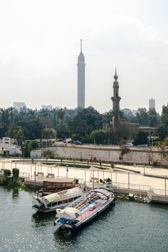 Panoramic View of Cairo from the River Nile in Egypt. Cairo Tower on ...