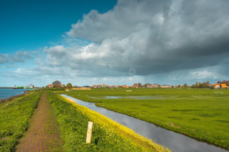 Panoramic View of a Small Dutch Village in the Countryside Near Marken ...