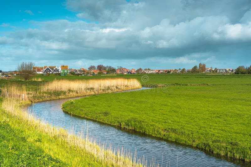 Panoramic View of a Small Dutch Village in the Countryside Near Marken ...