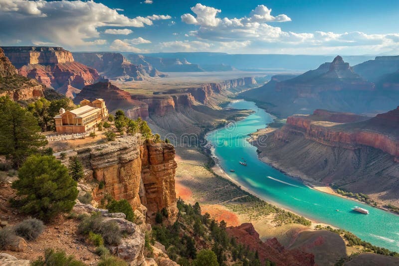 Panoramic View of a Canyon, River, and Building Stock Illustration ...