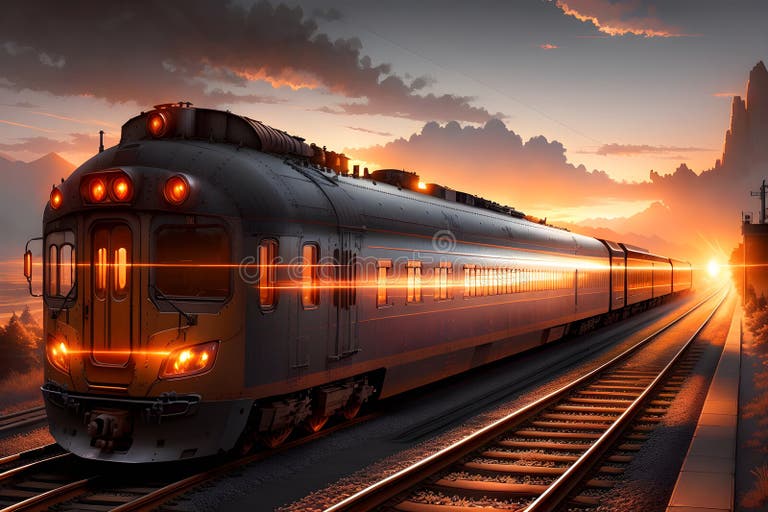 Panoramic View of a Captivating Motorized Blue Train on the Rails, Set ...