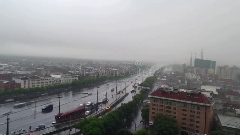 Panoramic View of a City during a Rainstorm with Reflections on Wet ...