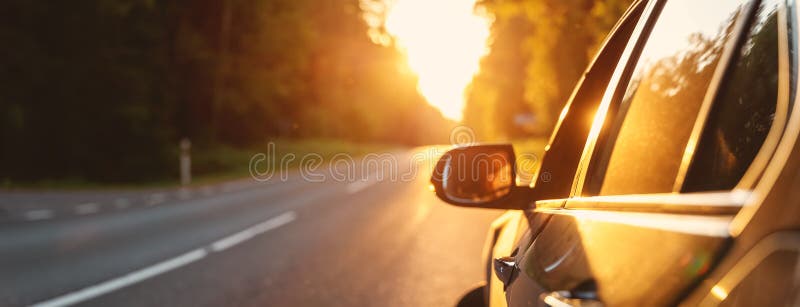 Panoramic View of the Car on the Asphalt Highway on Sunset. Stock Photo ...