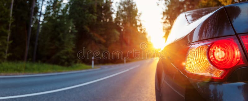 Panoramic View of the Car on the Asphalt Highway on Sunset. Stock Photo ...