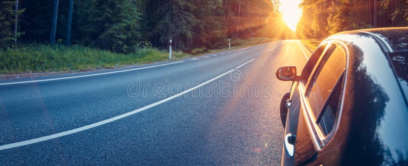 Panoramic View of the Car on the Asphalt Highway on Sunset. Stock Image ...