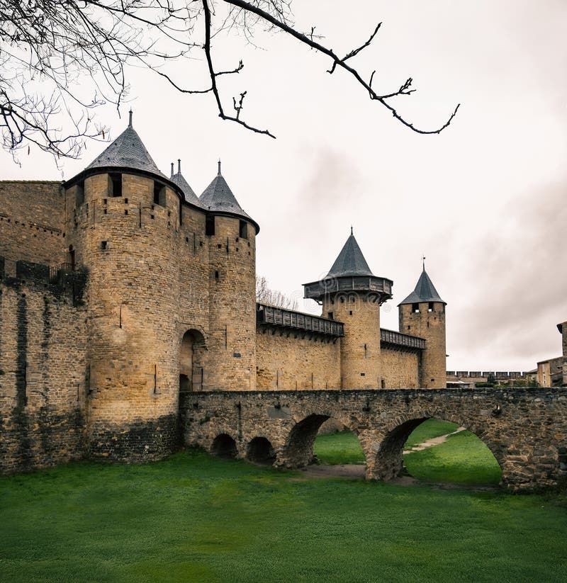Panoramic View of the Cathar Castle of Carcassonne and Its Entrance ...