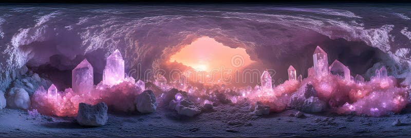 Panoramic View of a Cave Filled with Crystals and a Bright Light Source ...