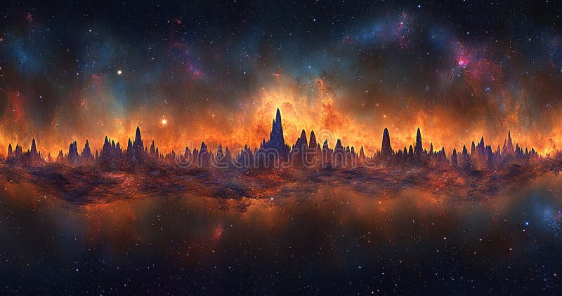 A Panoramic View of a Celestial Landscape with Mountains and a Vibrant ...