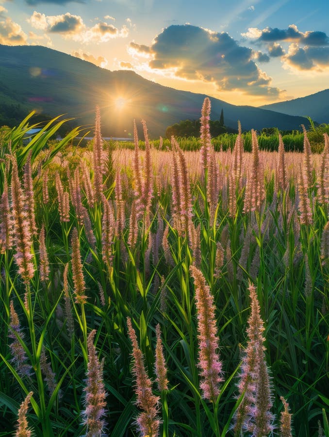 A Panoramic View of a Chia Plant Field at Sunset Stock Image - Image of ...