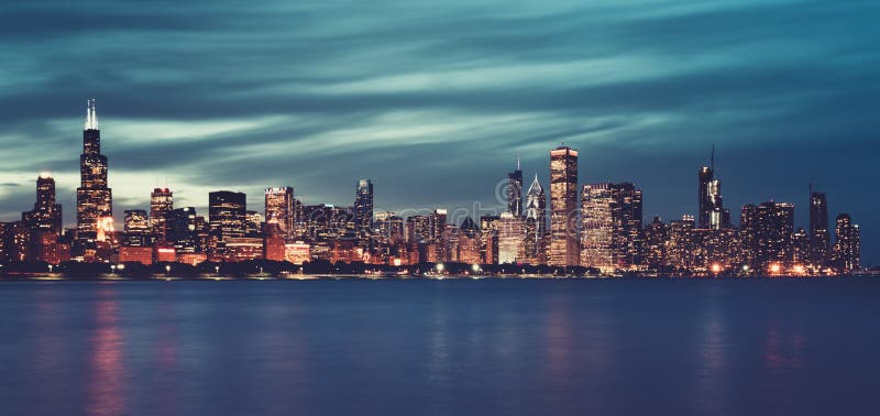 Panoramic View of Chicago by Night, Special Photographic Stock Image ...