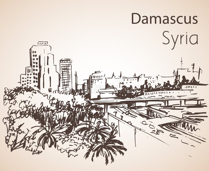 Panoramic View of City Damaskus, Syria. Sketch Stock Vector ...