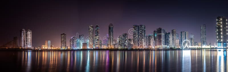 Panoramic View of City Lit Up at Night Stock Photo - Image of modern ...