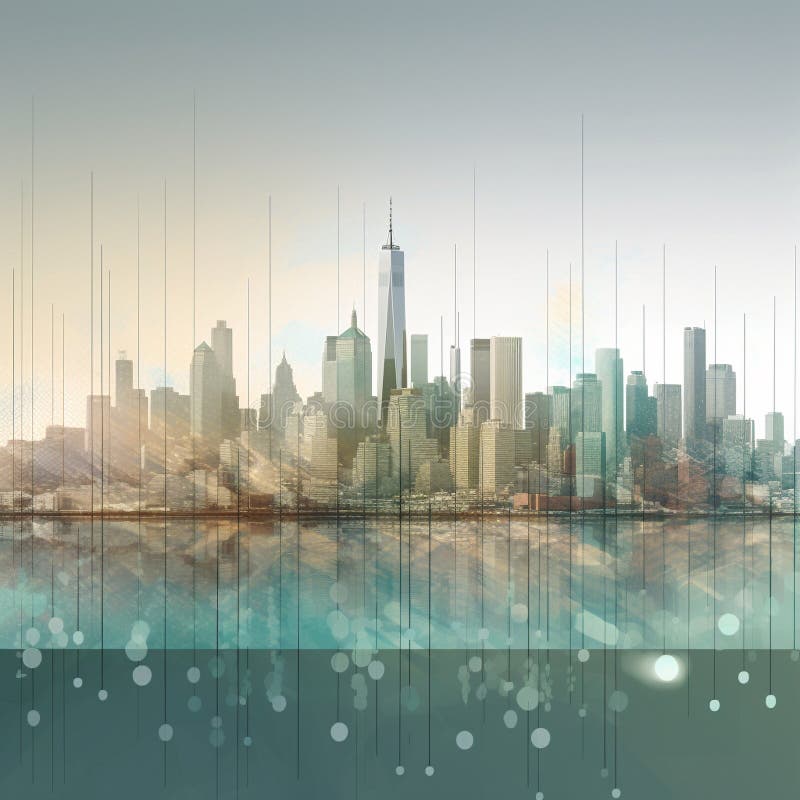 Panoramic View of a City Skyline with a Chart and Graph Superimposed ...