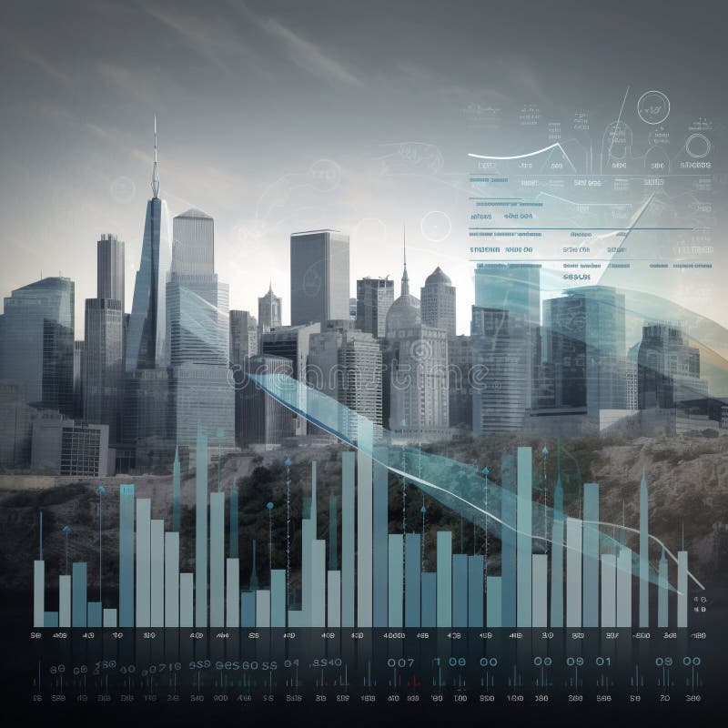 Panoramic View of a City Skyline with a Chart and Graph Superimposed ...