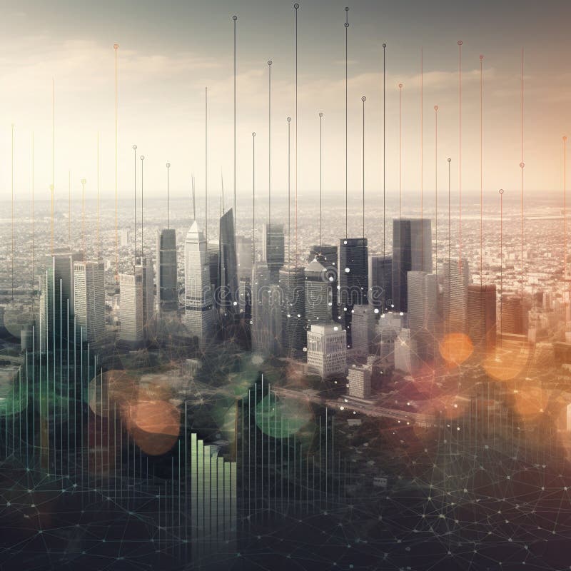 Panoramic View of a City Skyline with a Chart and Graph Superimposed ...