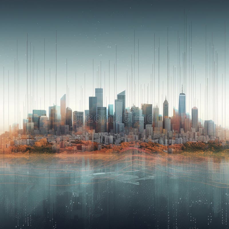 Panoramic View of a City Skyline with a Chart and Graph Superimposed ...