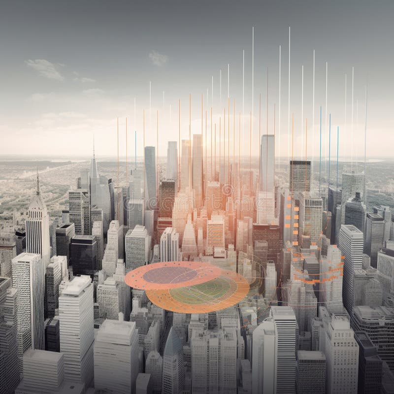 Panoramic View of a City Skyline with a Chart and Graph Superimposed ...