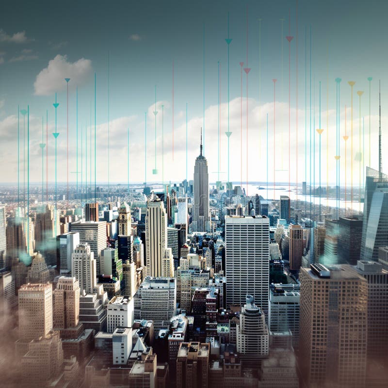 Panoramic View of City Skyline with Chart and Graph Superimposed Over ...