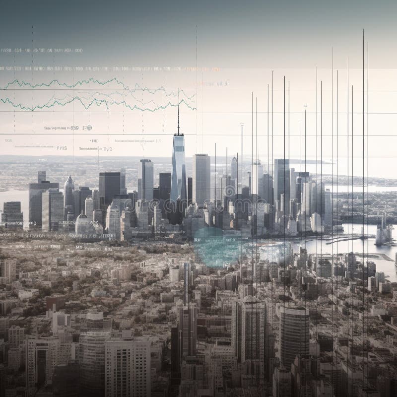 Panoramic View of City Skyline with Chart and Graph Superimposed Over ...