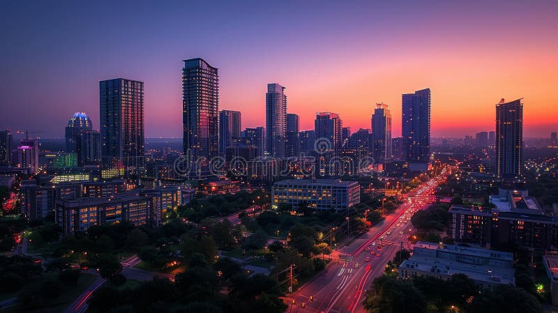 A Panoramic View of a City Skyline at Dusk with Skyscrapers Illuminated ...