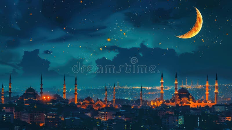 A Panoramic View of a City Skyline at Night during Ramadan Stock ...
