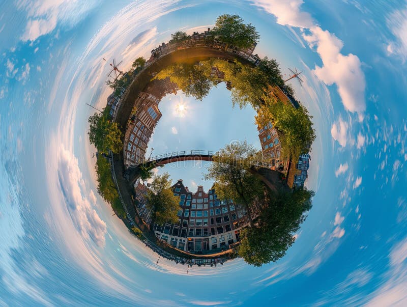 Tiny Planet Cityscape at Sunset Stock Photo - Image of buildings, town ...