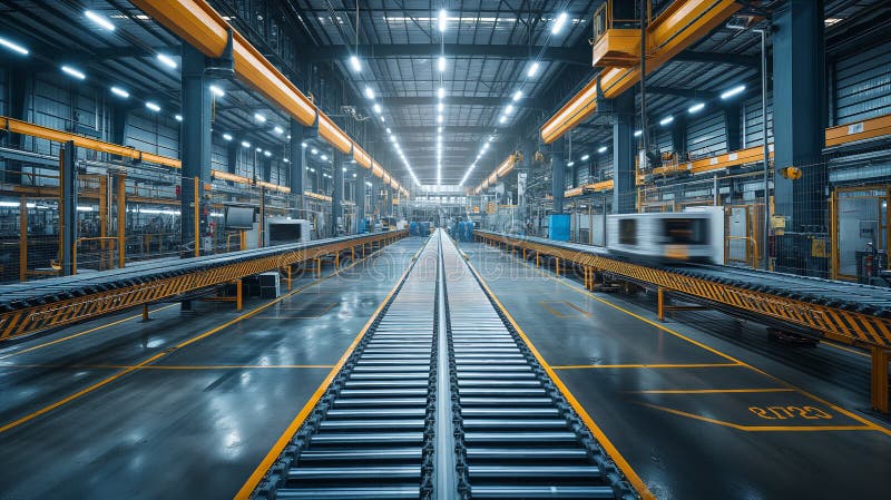 A Panoramic View of a Clean, High-tech Factory with Conveyor Belts and ...