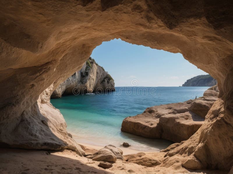 Panoramic View of a Coastal Cave Entrance with a Serene Beach and ...