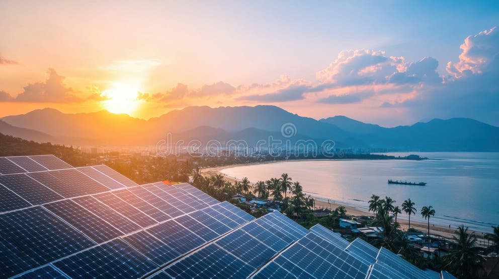 A Panoramic View of a Coastal City at Sunrise, with a Focus on a Large ...