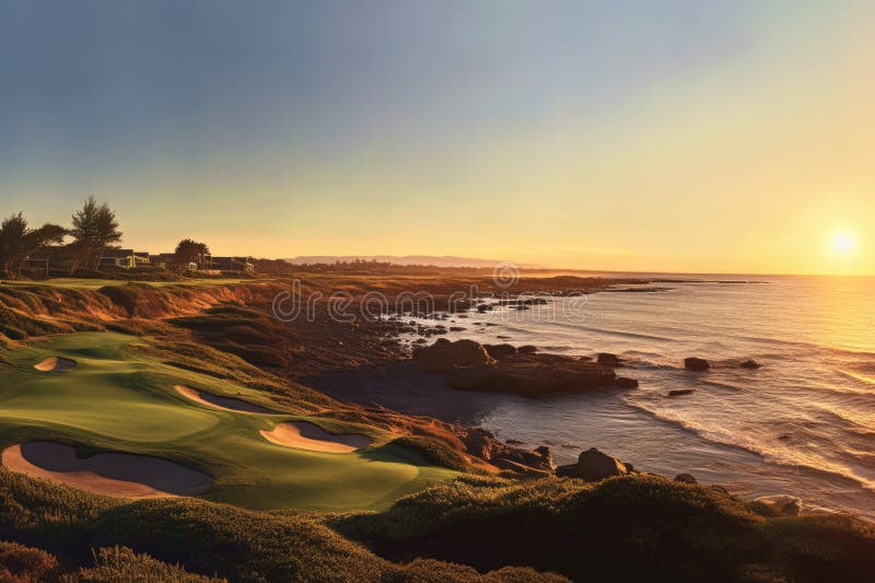 Panoramic View of a Coastal Golf Course at Golden Hour Stock Photo ...