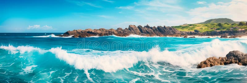 Panoramic View of a Coastline with a Series of Waves Rolling Towards ...