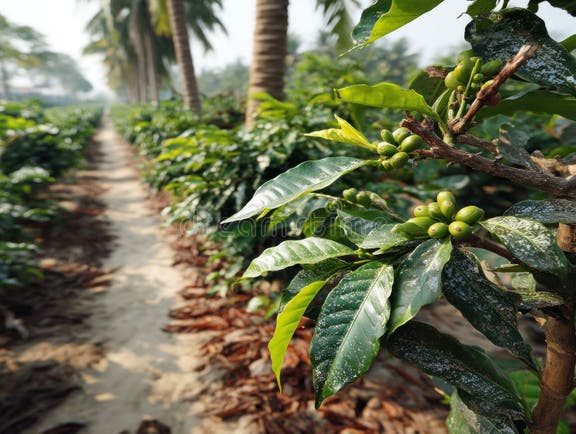 A Panoramic View of a Coffee Field Under Sunny Skies Stock Image ...