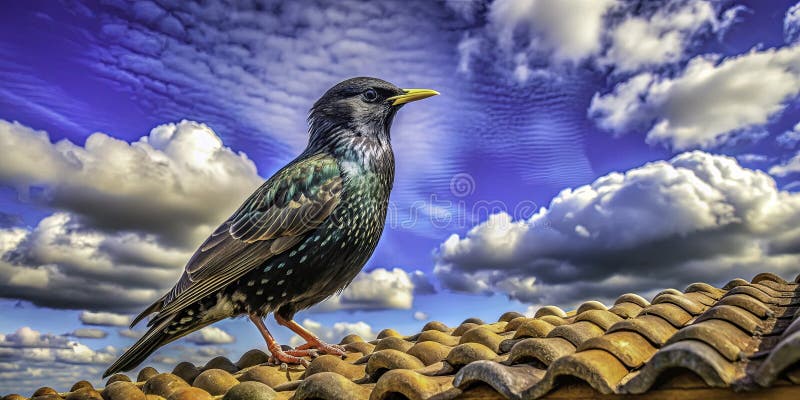 Panoramic View of a Common Starling Perched on a Rooftop Under a ...