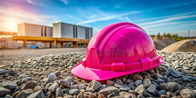 Panoramic View of a Construction Site with a Vibrant Pink Safety Helmet ...