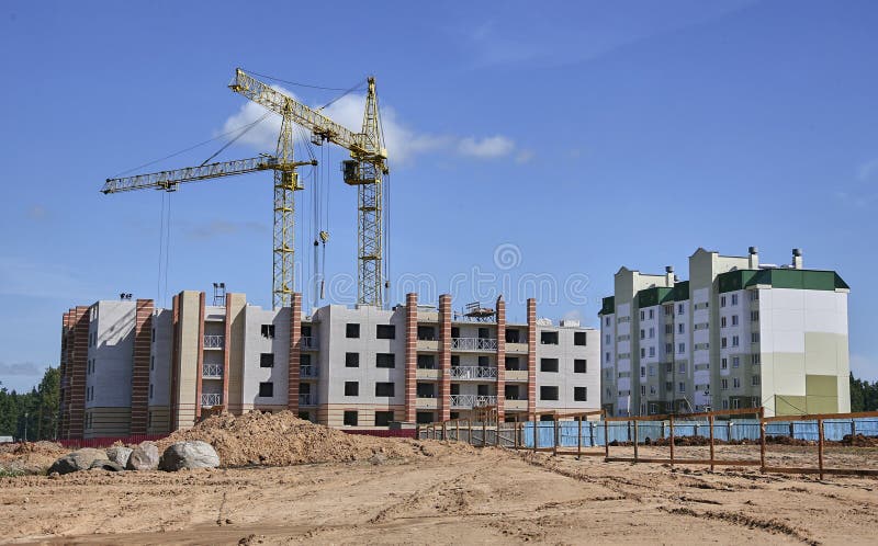 Panoramic View of Construction Sites and Many Cranes Working Stock ...