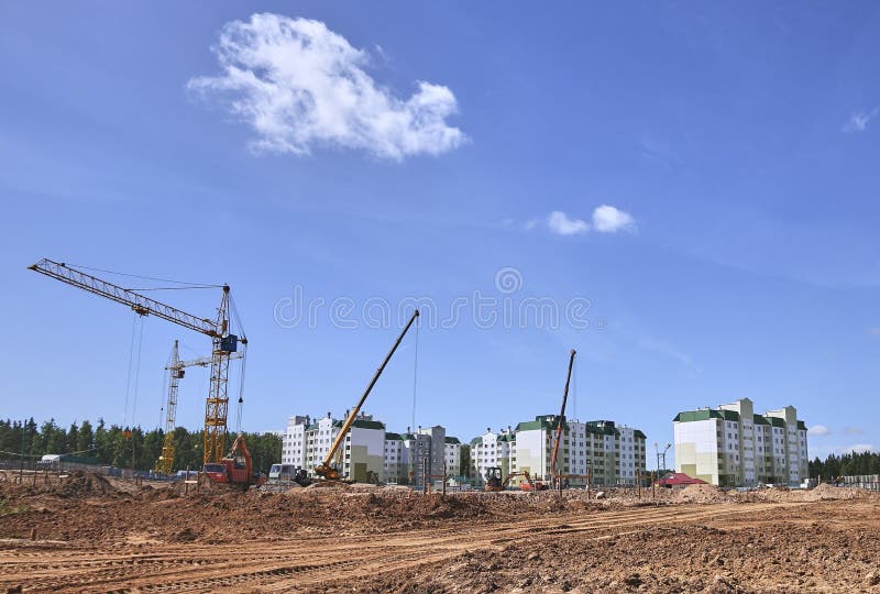 Panoramic View of Construction Sites and Many Cranes Working Stock ...