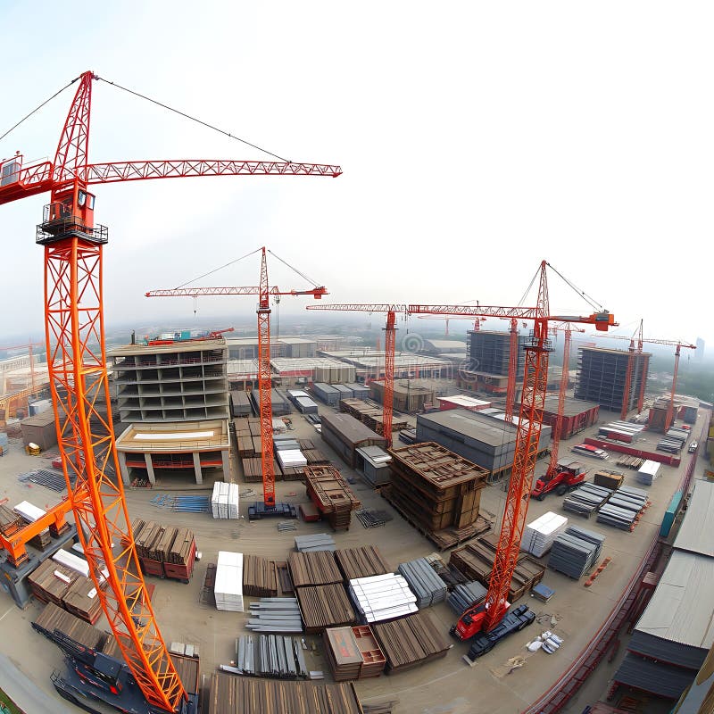 A Panoramic View of a Construction Yard with Multiple Cranes Lifting ...