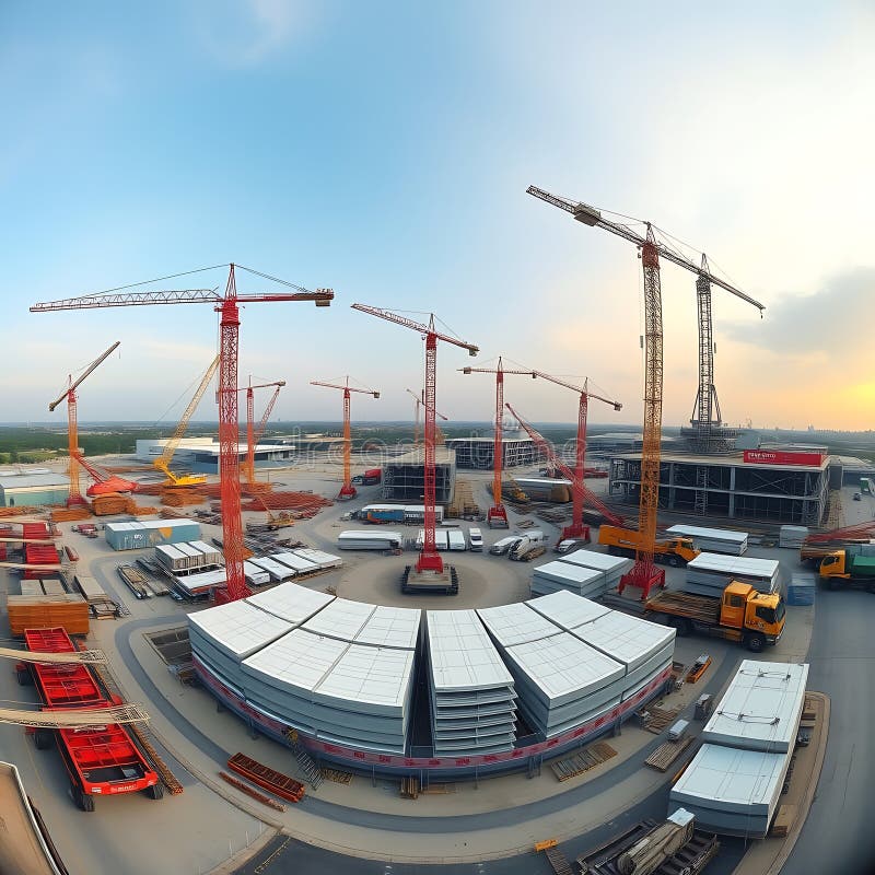 A Panoramic View of a Construction Yard with Multiple Cranes Lifting ...