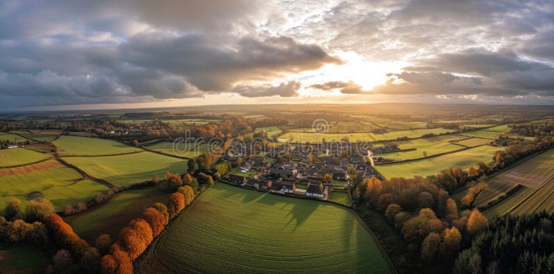 A Panoramic View of Country Fields and Houses from a Drone Stock Photo ...