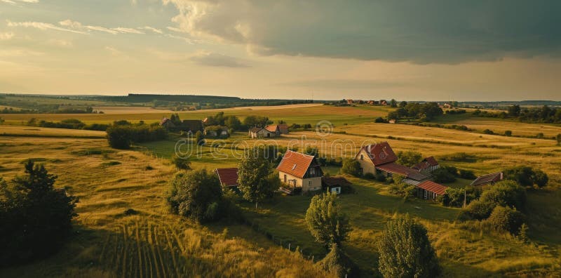 A Panoramic View of Country Fields and Houses from a Drone Stock Photo ...