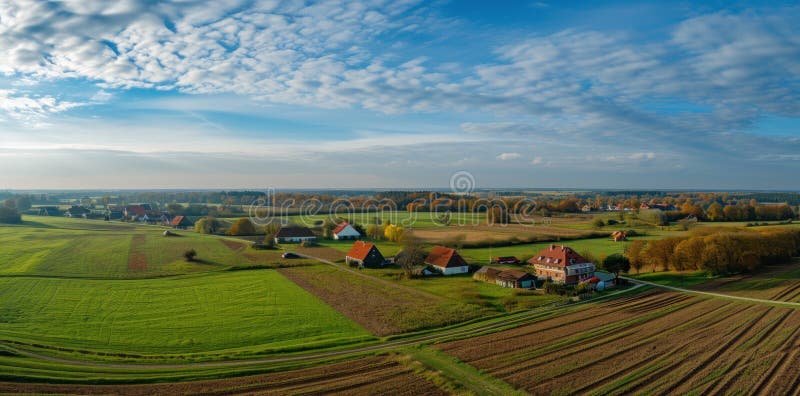 A Panoramic View of Country Fields and Houses from a Drone Stock Photo ...